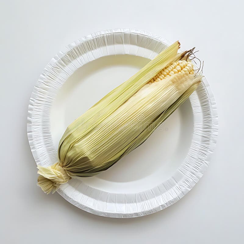 A Partially Husked Ear of Corn Rests on a White Paper Plate, Against a ...