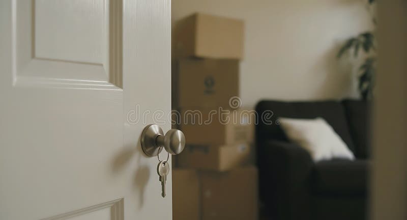 Partially Open Door Reveals Stacked Boxes and Couch in Room Stock ...