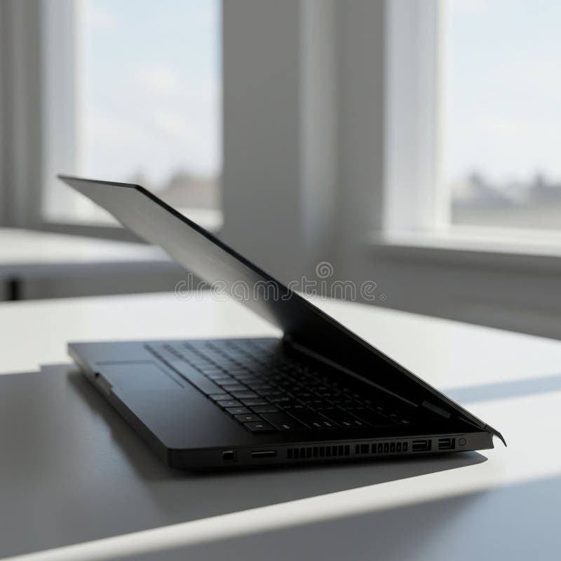 A Partially Open Laptop Sits on a White Table, Illuminated by Natural ...