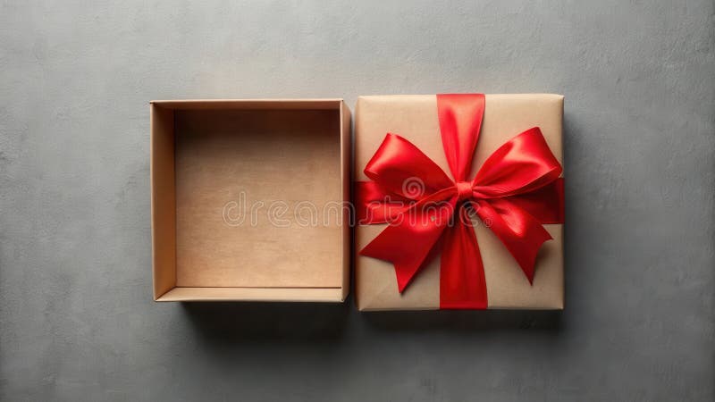 A Partially Opened Brown Gift Box with a Vibrant Red Ribbon Bow on a ...