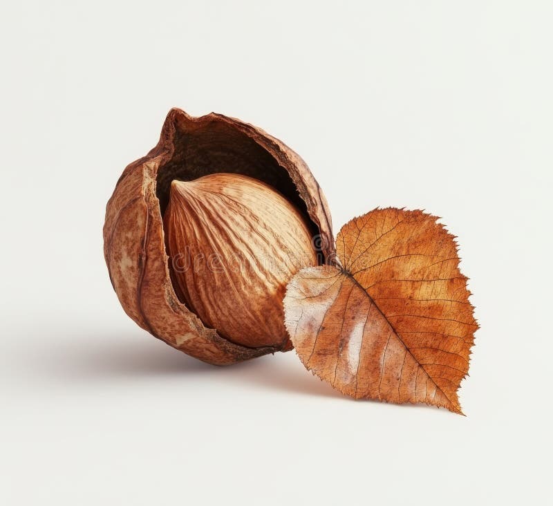 Partially Opened Hazelnut Shell with Dried Leaf on White Background ...