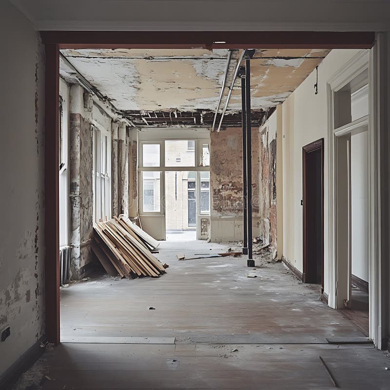 Partially Renovated One-Story Interior with Exposed Framework Stock ...