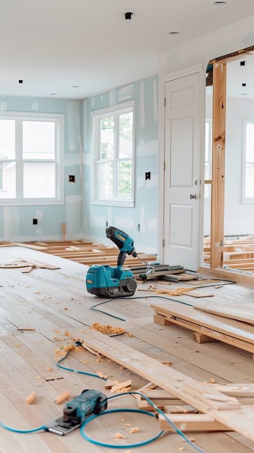 A Partially Renovated Room with Tools and Wood Flooring Being Installed ...