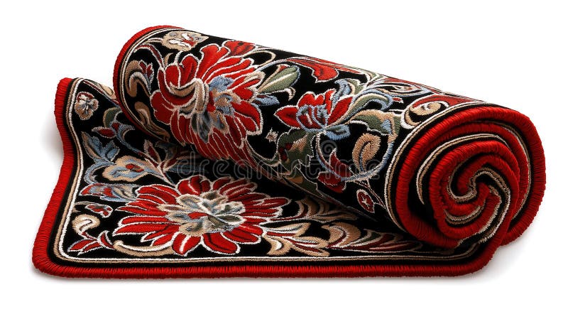 A Partially Rolled-up Rug with a Black Background and a Vibrant Floral ...