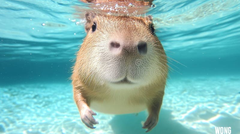 A Partially Submerged Capybara with a Curious Expression Swims in a ...
