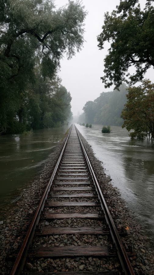 Partially Submerged Train Track Stretches through Flooded Landscape ...