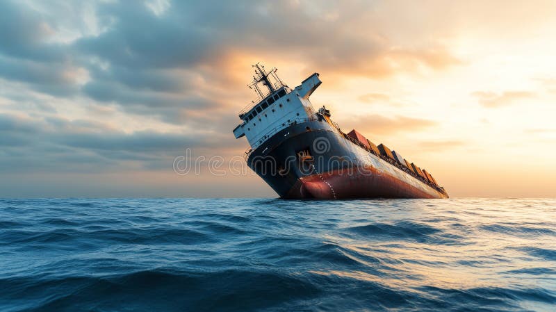 Partially Sunken Cargo Ship Tilting in the Open Sea Under a Dramatic ...