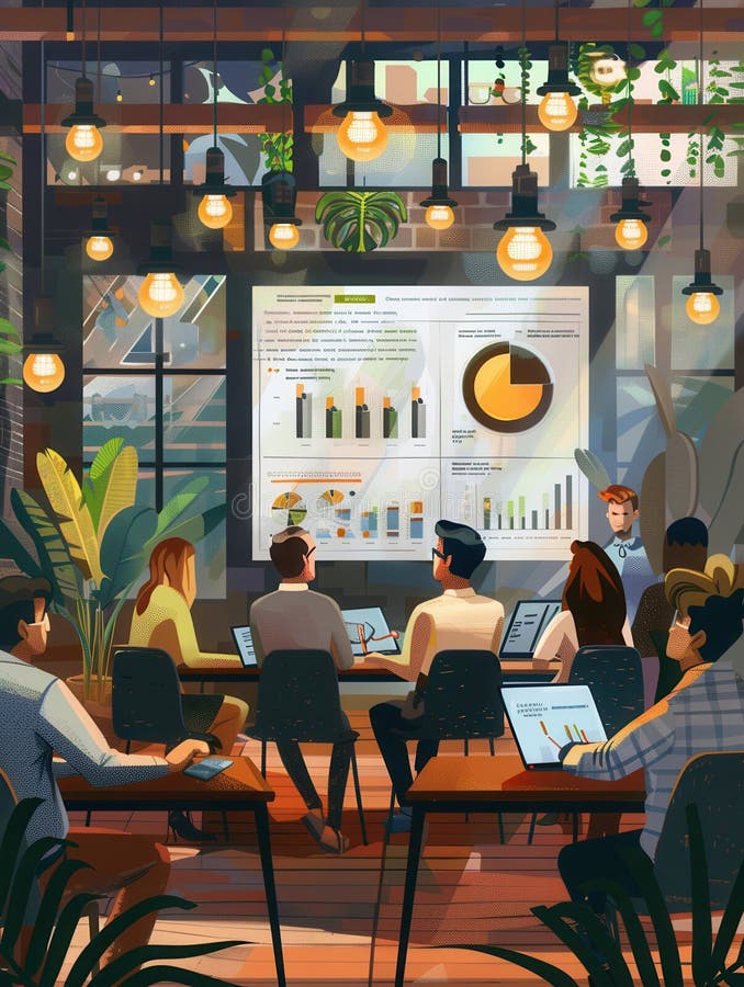 Participants Focus on a Presentation in a Vibrant Workspace, Surrounded ...