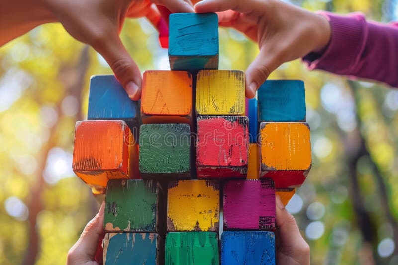 Participants Join Hands in a Team Building Activity, Stacking Vibrant ...