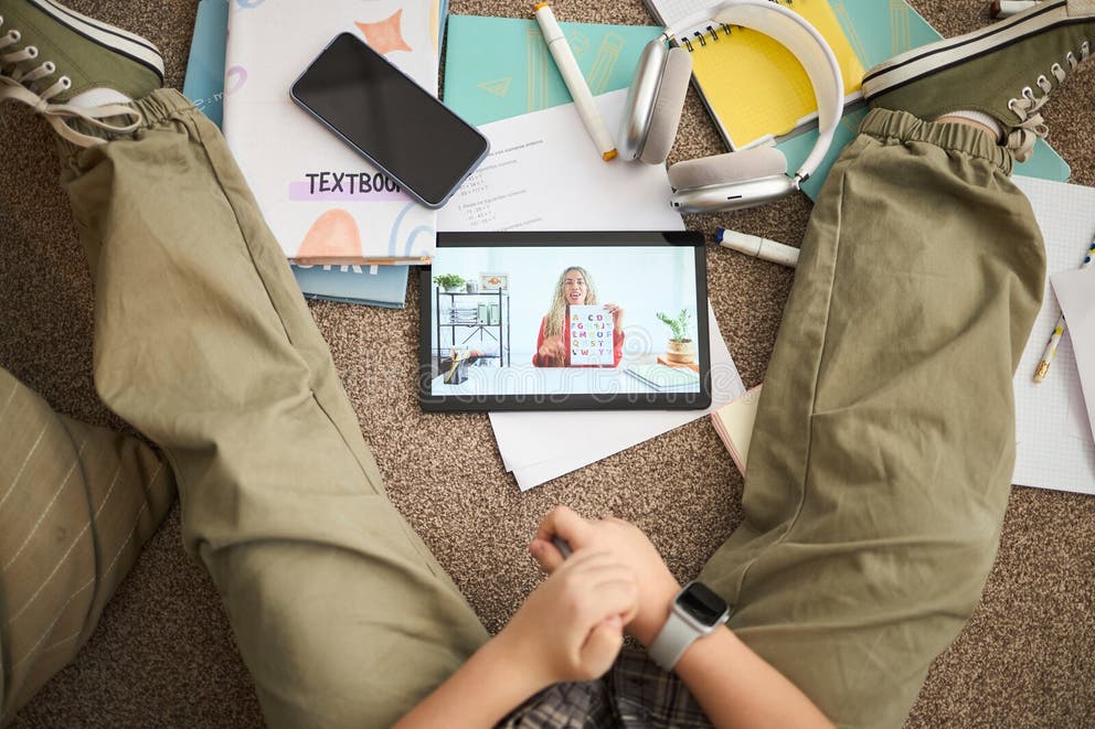 Participating in Virtual Learning from Home with Tablet Stock Photo ...