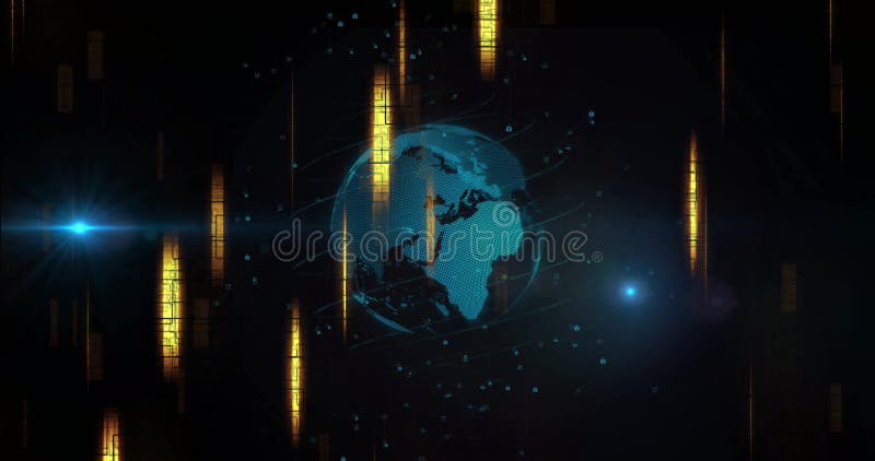 Particle Field Activating Globe Emerging Pillars Pulsing Nodes Orbiting Visualizing Global Data ...