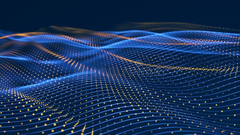 Particle Flow. Blue Background with Waves and Lots of Glowing Particles ...