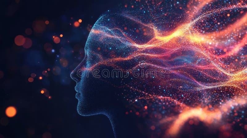 Woman Silhouette with Flowing Particles Representing Consciousness and ...