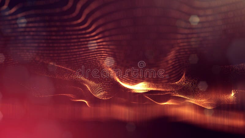 Golden Red Particles Form Line and Surface Grid. Microcosm or Space. 3d ...