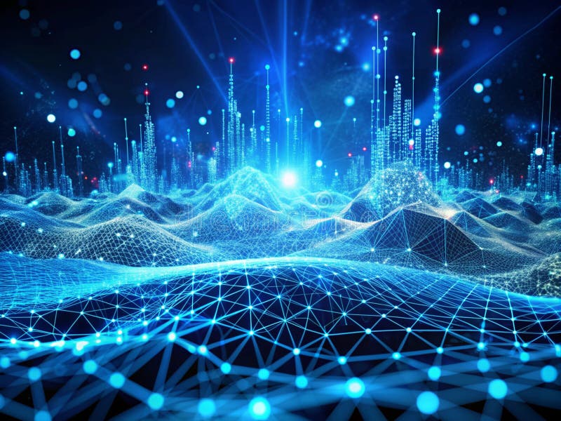 Particles Technology Blue Landscape Digital Background Fusion Stock ...