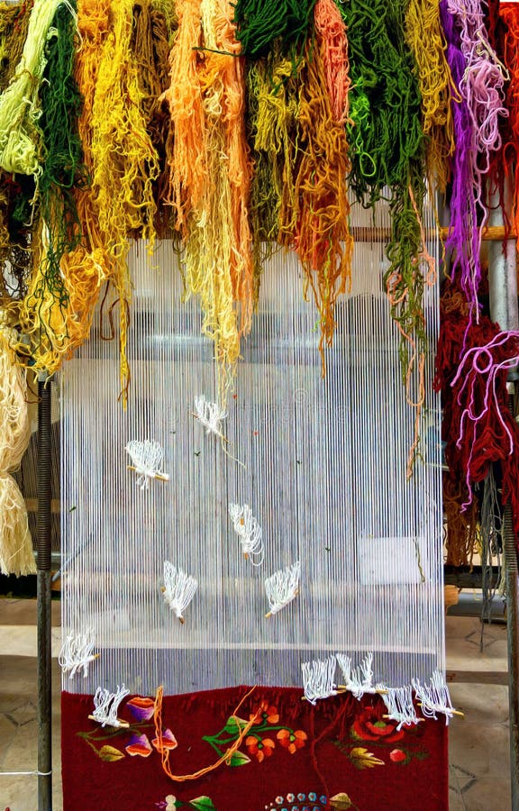 Partly Finished Carpet and Coloured Wool Strings on a Loom Editorial ...