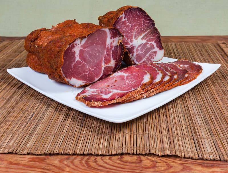 Partly Sliced Dried Pork Neck on the Square Dish Stock Image - Image of ...