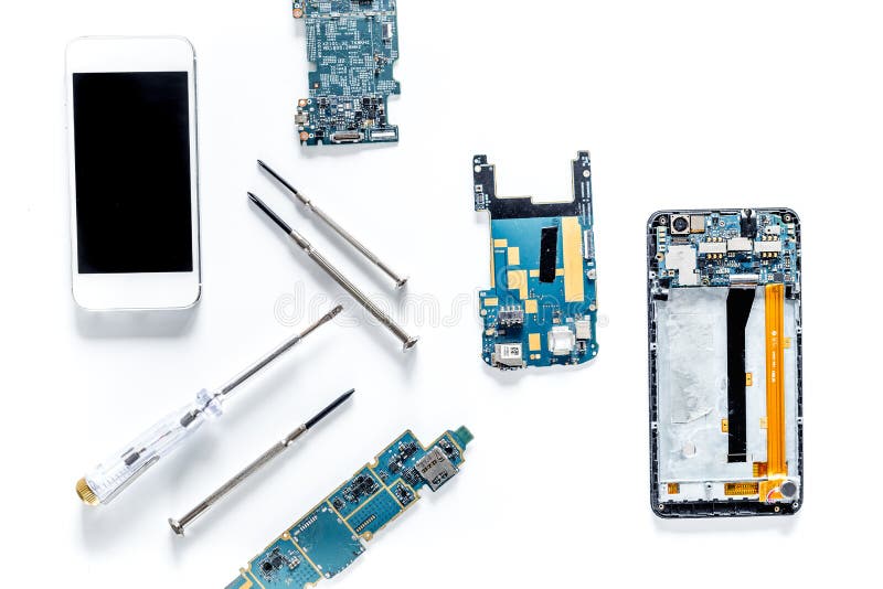 Parts of Disassembled Cell Phone on White Background Top View Copyspace ...