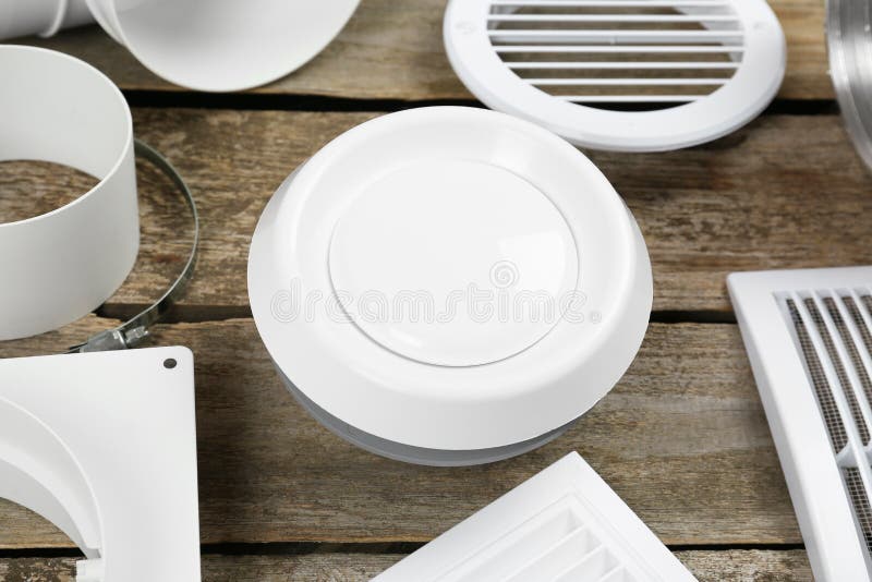 Parts of Home Ventilation System on Wooden Surface, Closeup Stock Image ...
