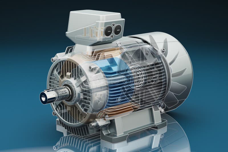 Parts of Industrial Electric Motor, Section on Backdrop. 3D Rendering ...