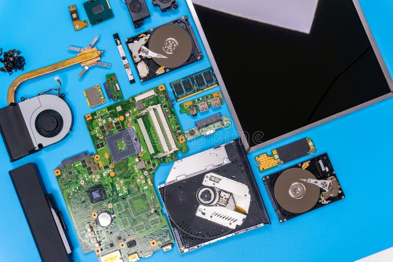 Parts of a Modern Computer. the Insides of a Laptop on a Blue ...