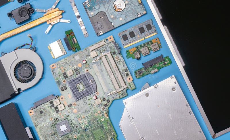 Parts of a Modern Computer. the Insides of a Laptop on a Blue ...