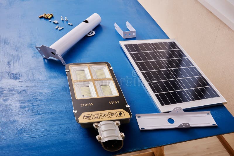 Parts To Assemble Solar Powered LED Street Light To Pole or Wall. Stock ...