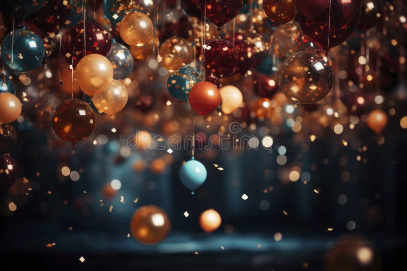 Party Background with Lights, Confetti, Balloons and Serpentine Stock ...