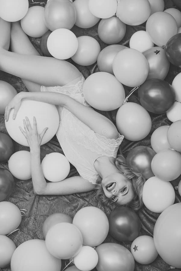 Party Balloons Celebration Pin Up Woman In Balloons Round Pot Blush Stock Image Image Of