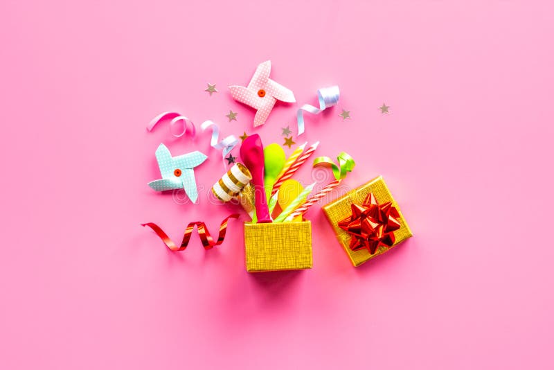 Party or Birthday Decoration Flat Lay with Gift Box Stock Photo - Image ...