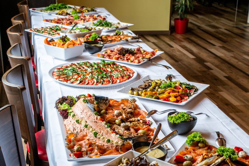Party Brunch Big Buffet Table Setting with Food Meat Vegetables Stock ...