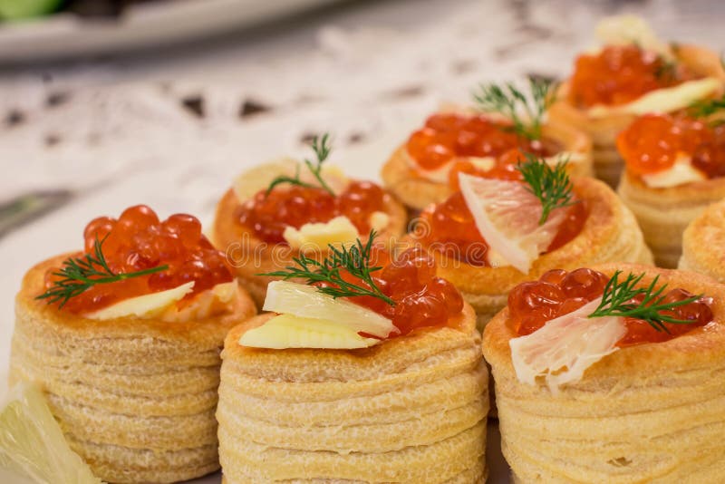 Party Brunch Table Setting Canapés with Caviar Stock Photo - Image of ...