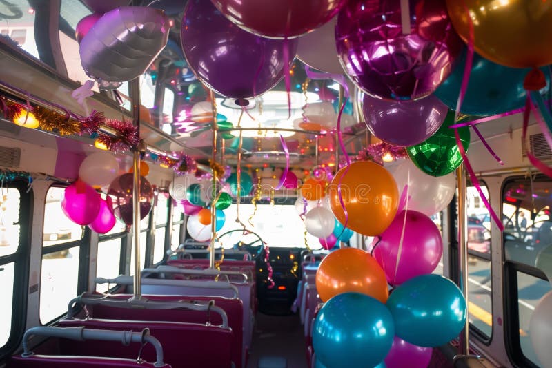Party Bus Interior with Balloons, Streamers, and Revelers Stock Image ...