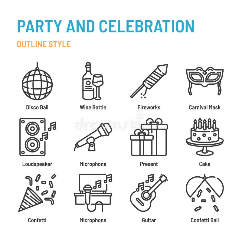Party and Celebration in Outline Icon and Symbol Set Stock Vector ...