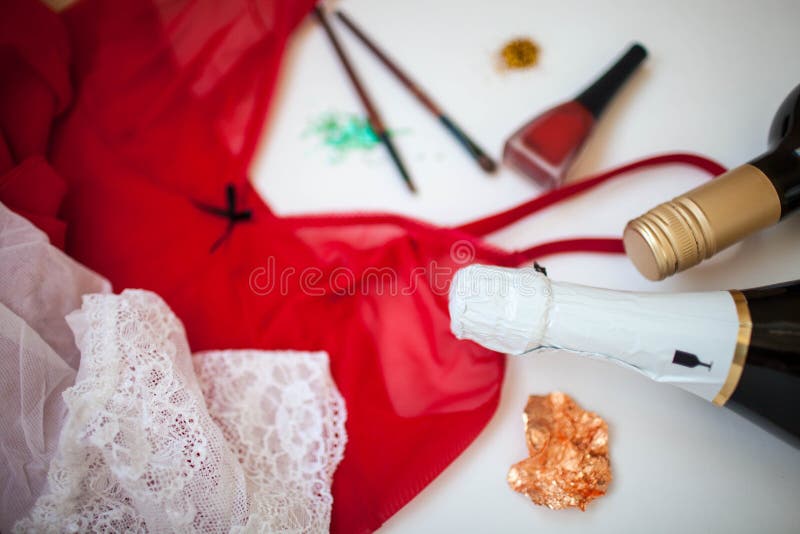 Party with Champagne Red Bra Nail Polish, Studded with Sequins Stock ...