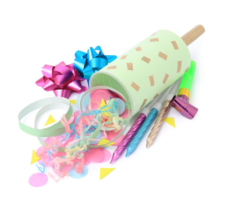 Party Cracker and Different Festive Items Isolated on White Stock Image ...