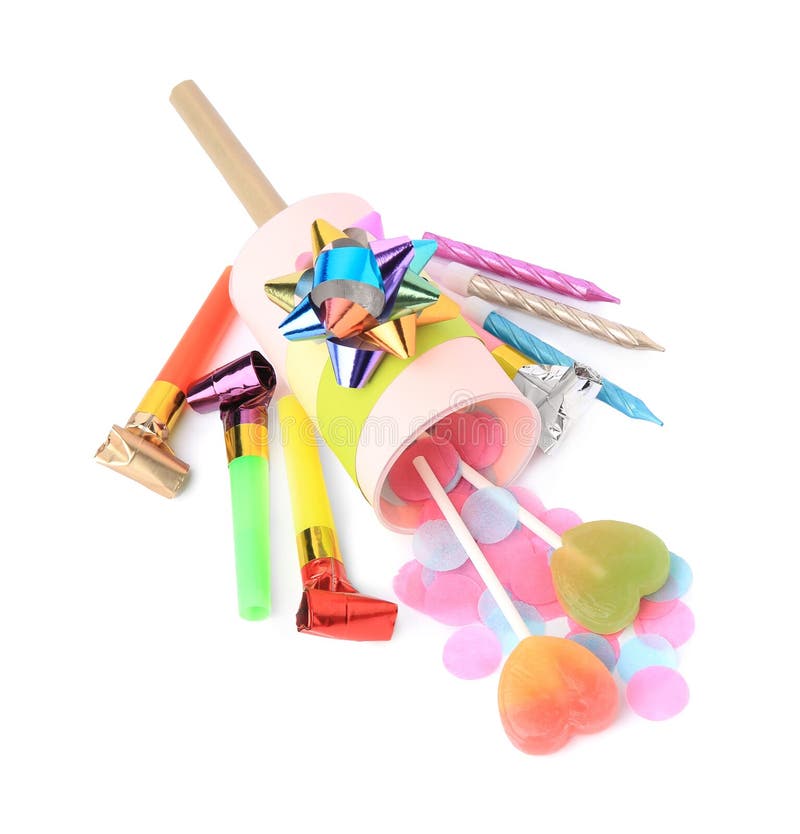 Party Cracker and Different Festive Items Isolated on White Stock Photo ...