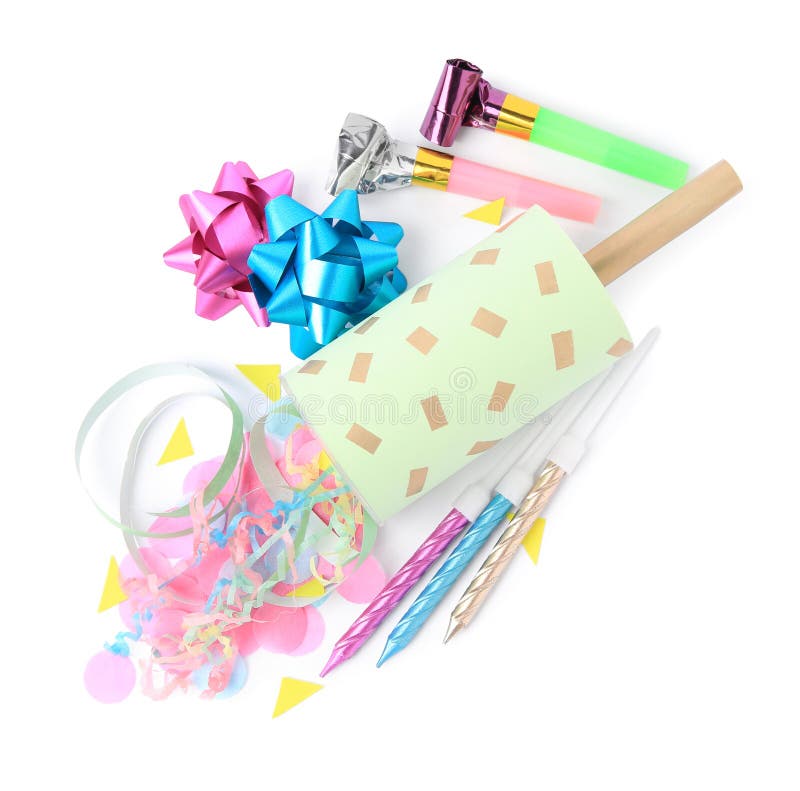 Party Cracker and Different Festive Items Isolated on White, Top View ...