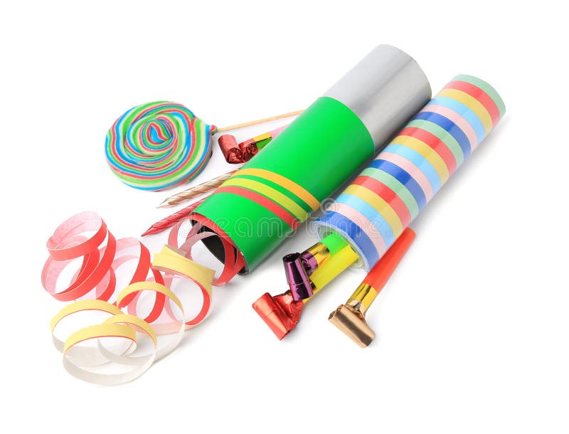 Party Crackers and Different Festive Items Isolated on White Stock ...