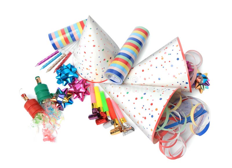 Party Crackers and Different Festive Items on White Background Stock ...
