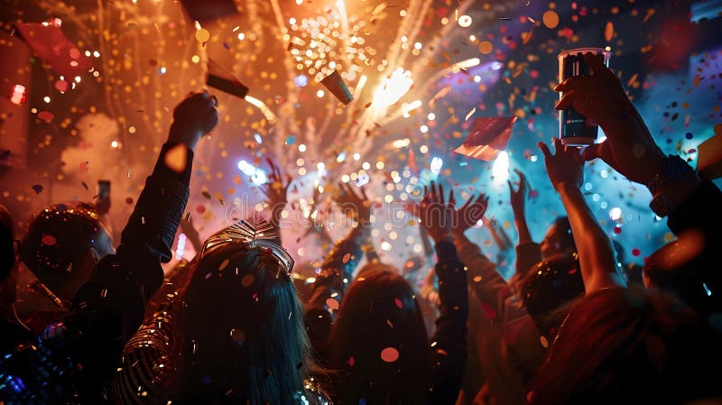 Party Crowd Celebrating with Confetti and Fireworks Photo Stock ...