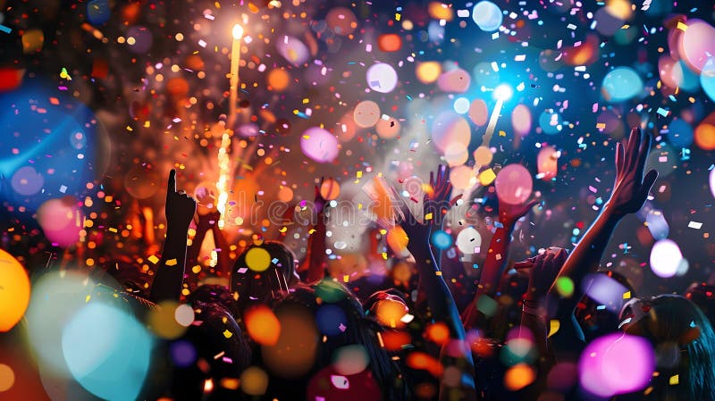 Party Crowd Silhouettes with Confetti Falling Photo Stock Illustration ...