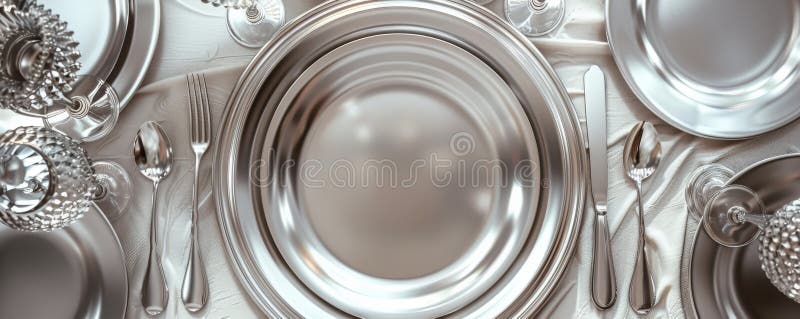 Party Design with a Blank Silver Plate on a Silver Table, Seen from ...