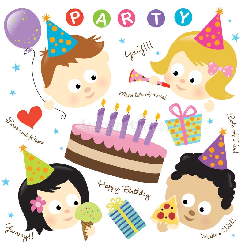 Party elements w/ kids stock vector. Illustration of desert - 12727478