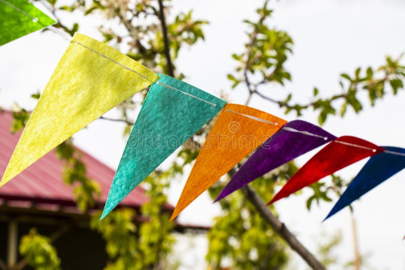 Party flags in yard stock photo. Image of banner, decoration - 275992740