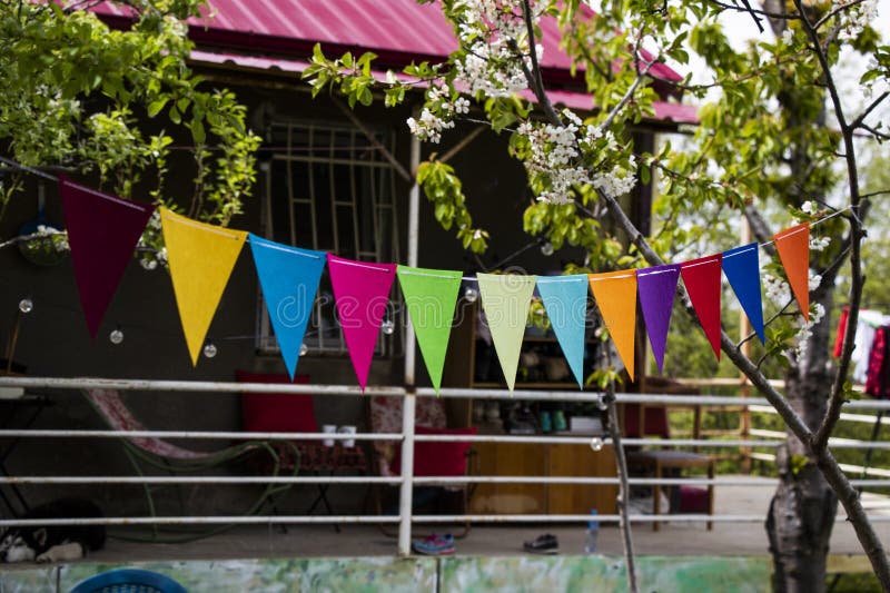 Party flags in yard stock image. Image of celebrate - 276199821