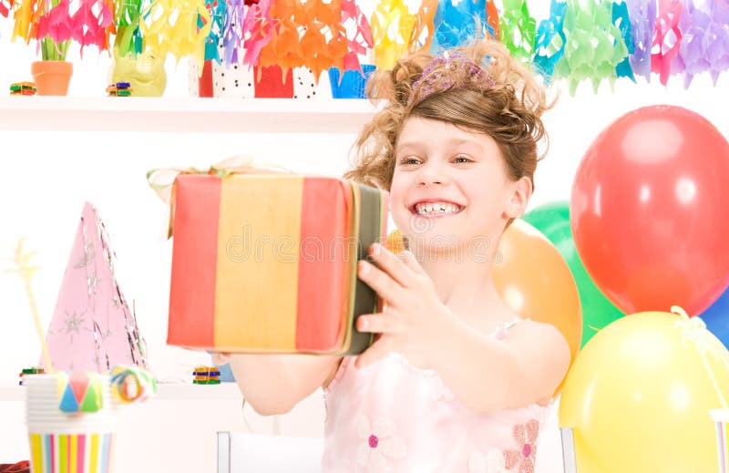 Party Girl with Balloons and Gift Box Stock Image - Image of balloons ...