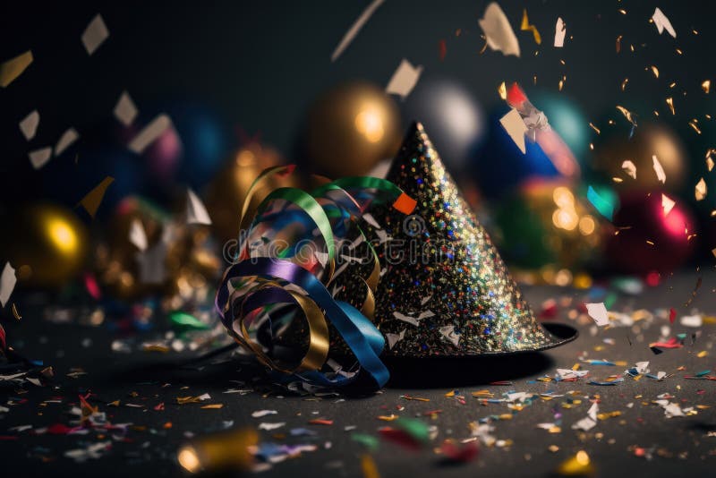 Party Hat, Confetti and Streamers, Generative AI Stock Illustration ...