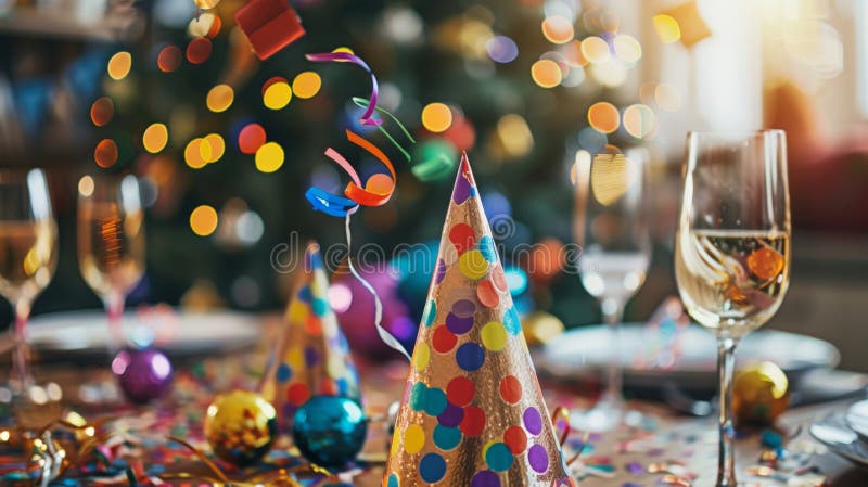 Party Hats and Confetti with Balloons Festive Celebration Scene Stock ...