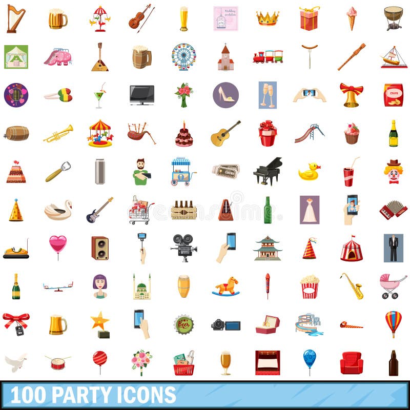 100 Party Icons Set, Cartoon Style Stock Vector - Illustration of ...